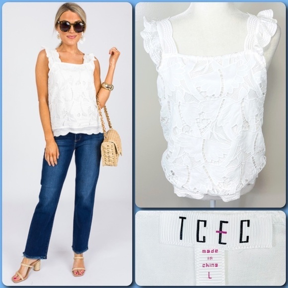 TCEC | Tops | Tcec White Sweet Scallop Lace Overlay Tank Blouse Large ...